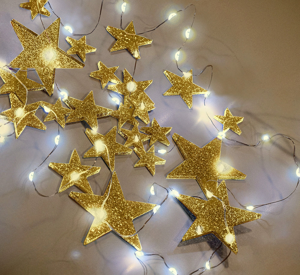 50 Floating Gold Stars-Large Sizes-Sparkling-Fills 1 Gallon of Transpa ...