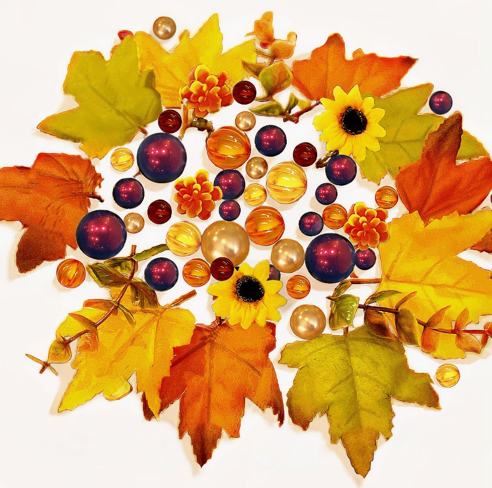 50 Floating Realistic Fall Leaves, Mums, Pumpkin Gems-Pearls-Fills 1 G ...