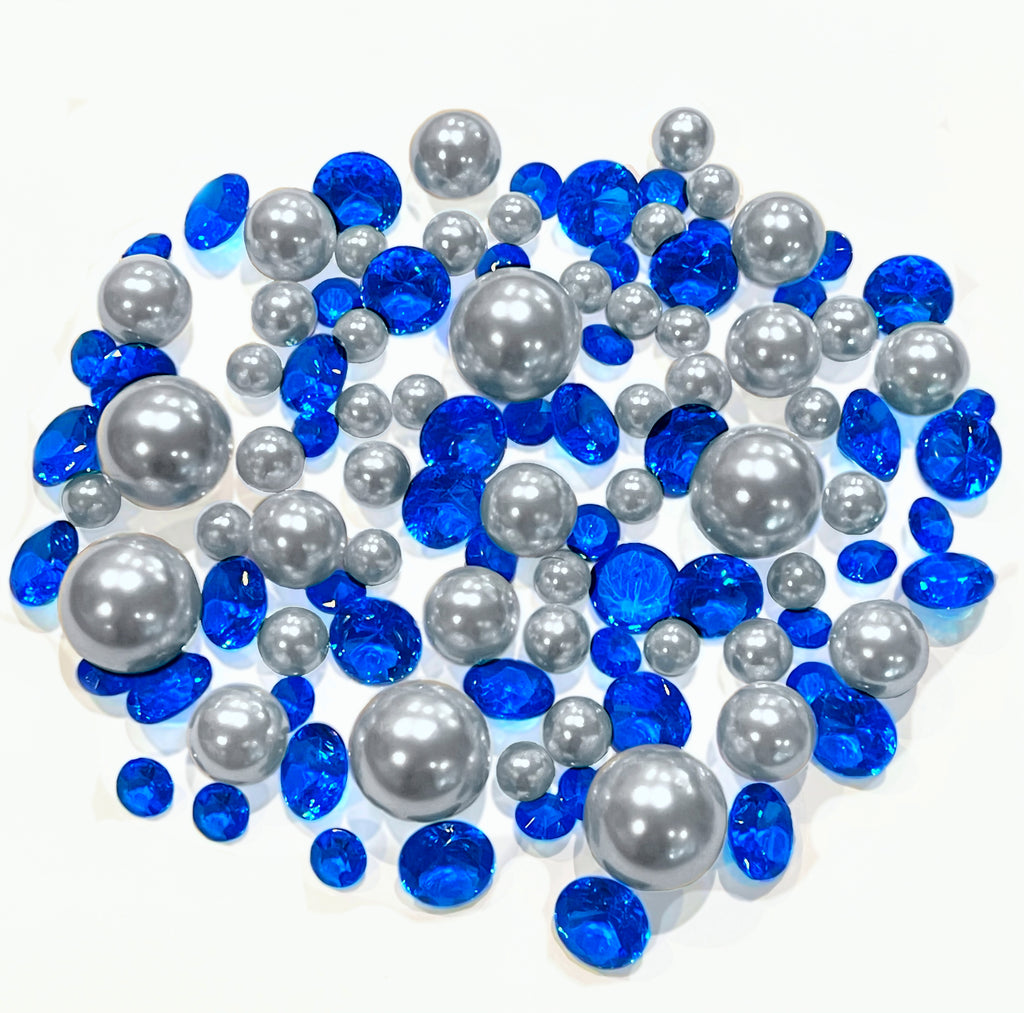 100 Floating Royal Blue Gems & Silver Pearls - Vase Decorations and ...